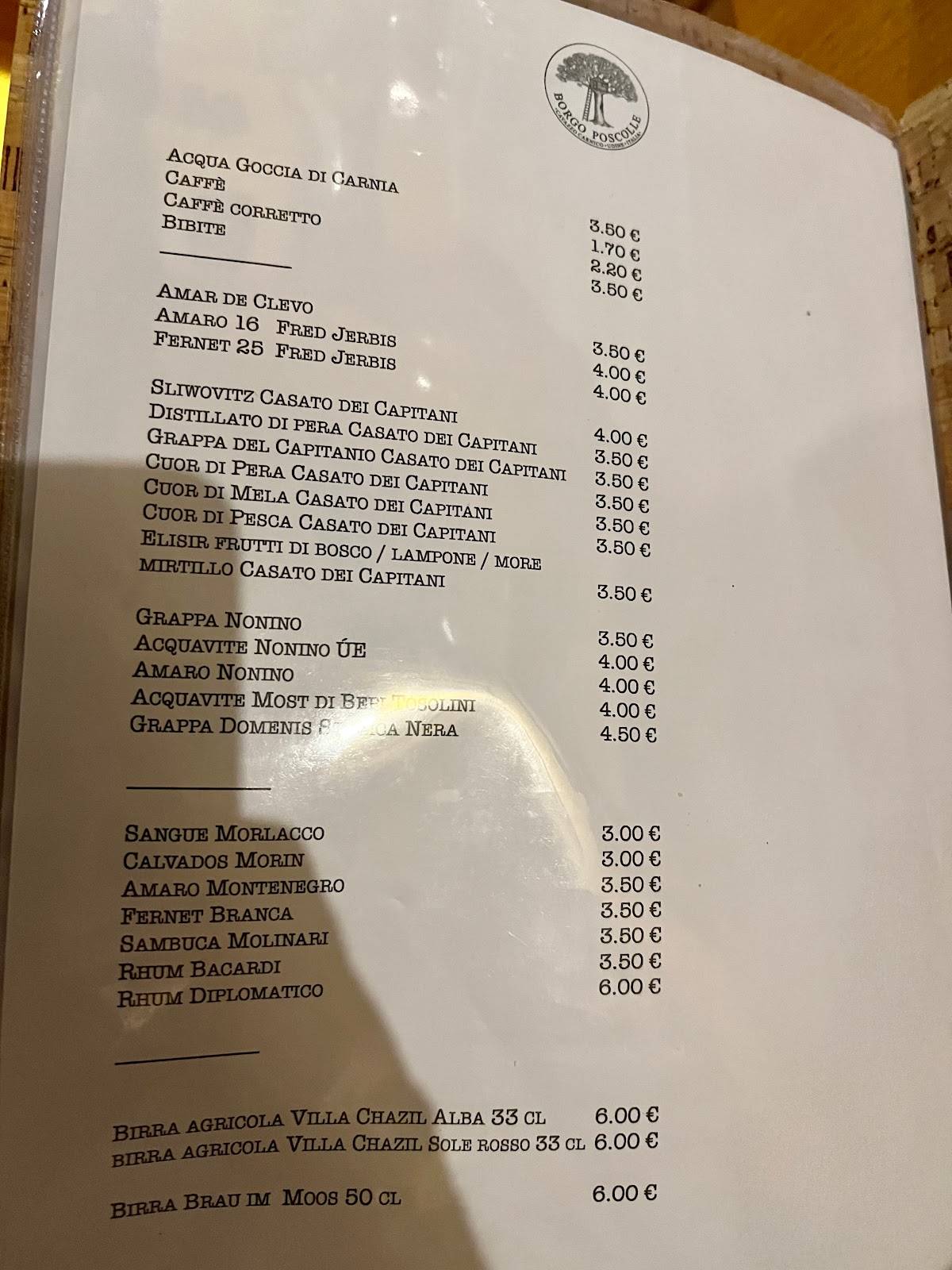 Menu da Borgo Poscolle ristorante, Cavazzo Carnico