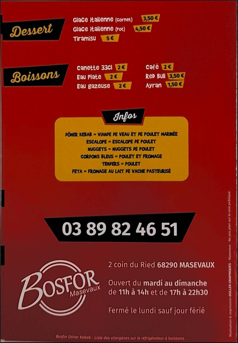 Menu au Bosfor Döner Kebab fast food, Masevaux, 2 Coin du Ried