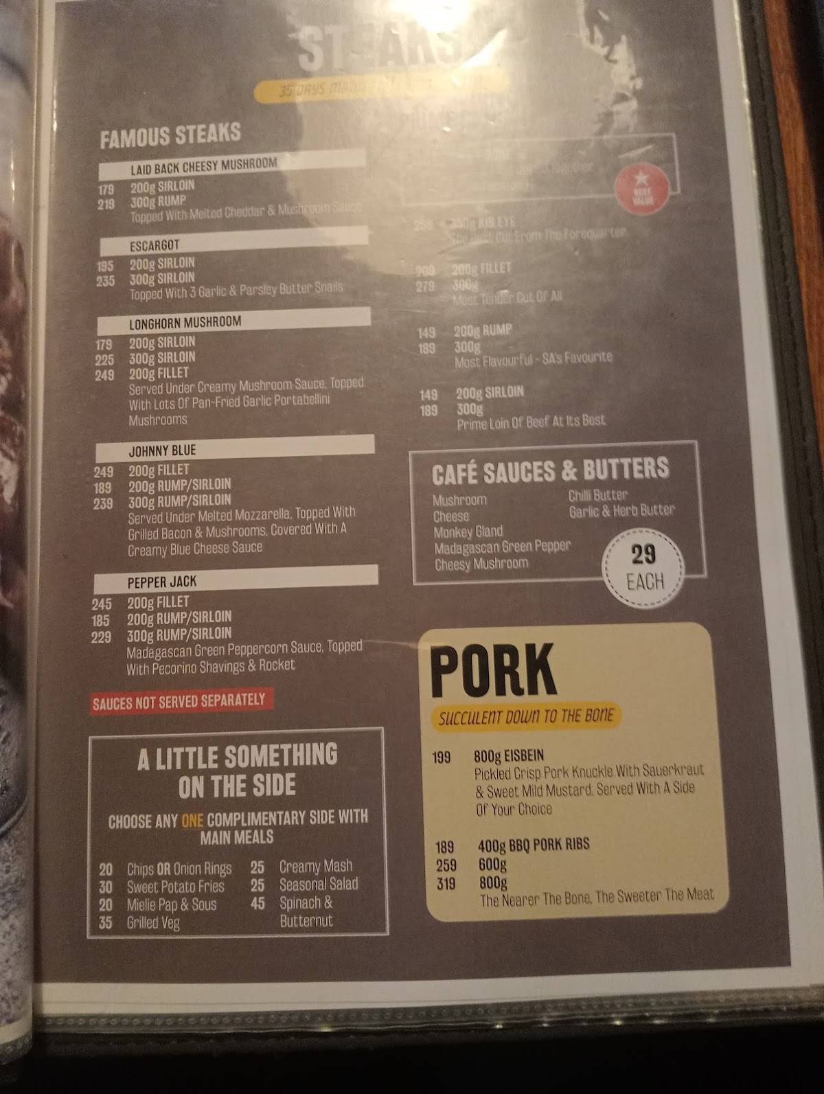 Menu at Bossa Castle Walk restaurant, Pretoria