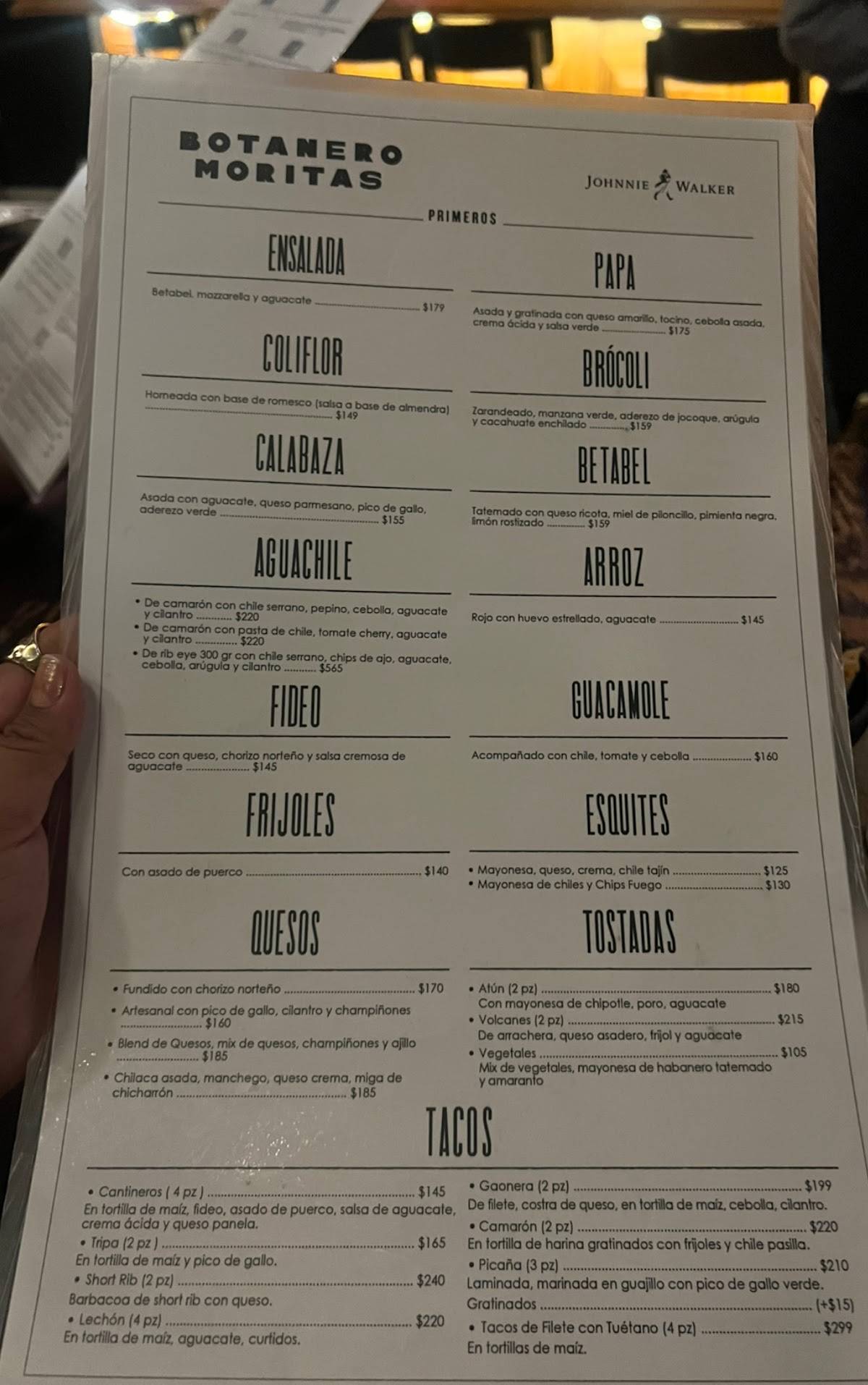 Carta del pub y bar Botanero Moritas Santa Lucía, Monterrey, Juan ...