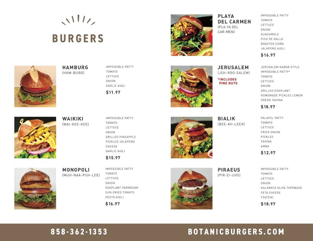 Carta del restaurante Botanic Burgers, San Diego