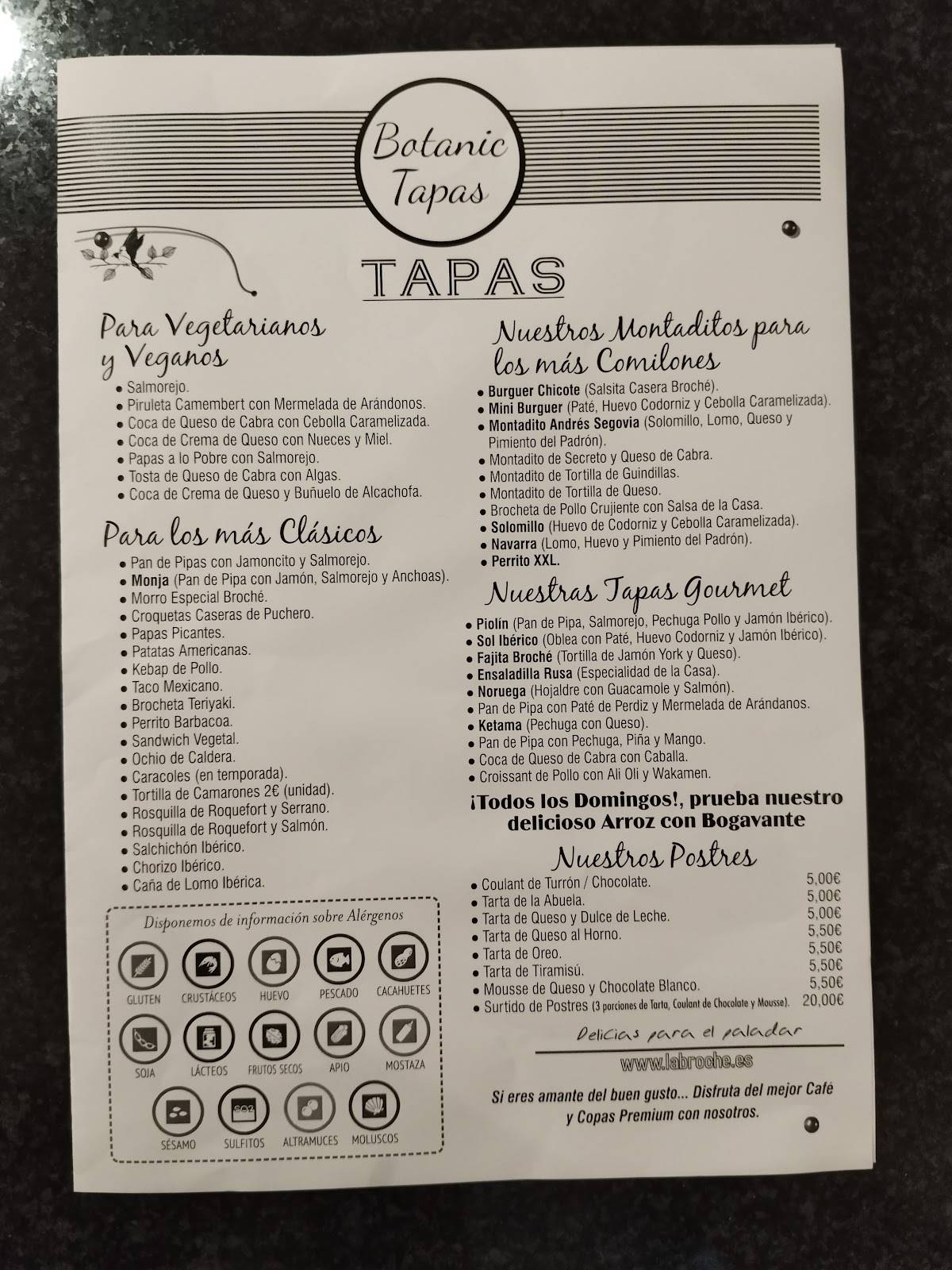 Carta del pub y bar Botanic Tapas, Linares