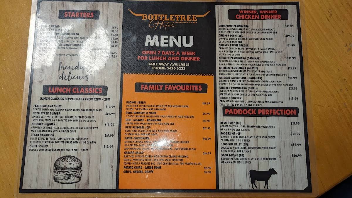 Menu at Bottletree Hotel pub & bar, Fernvale