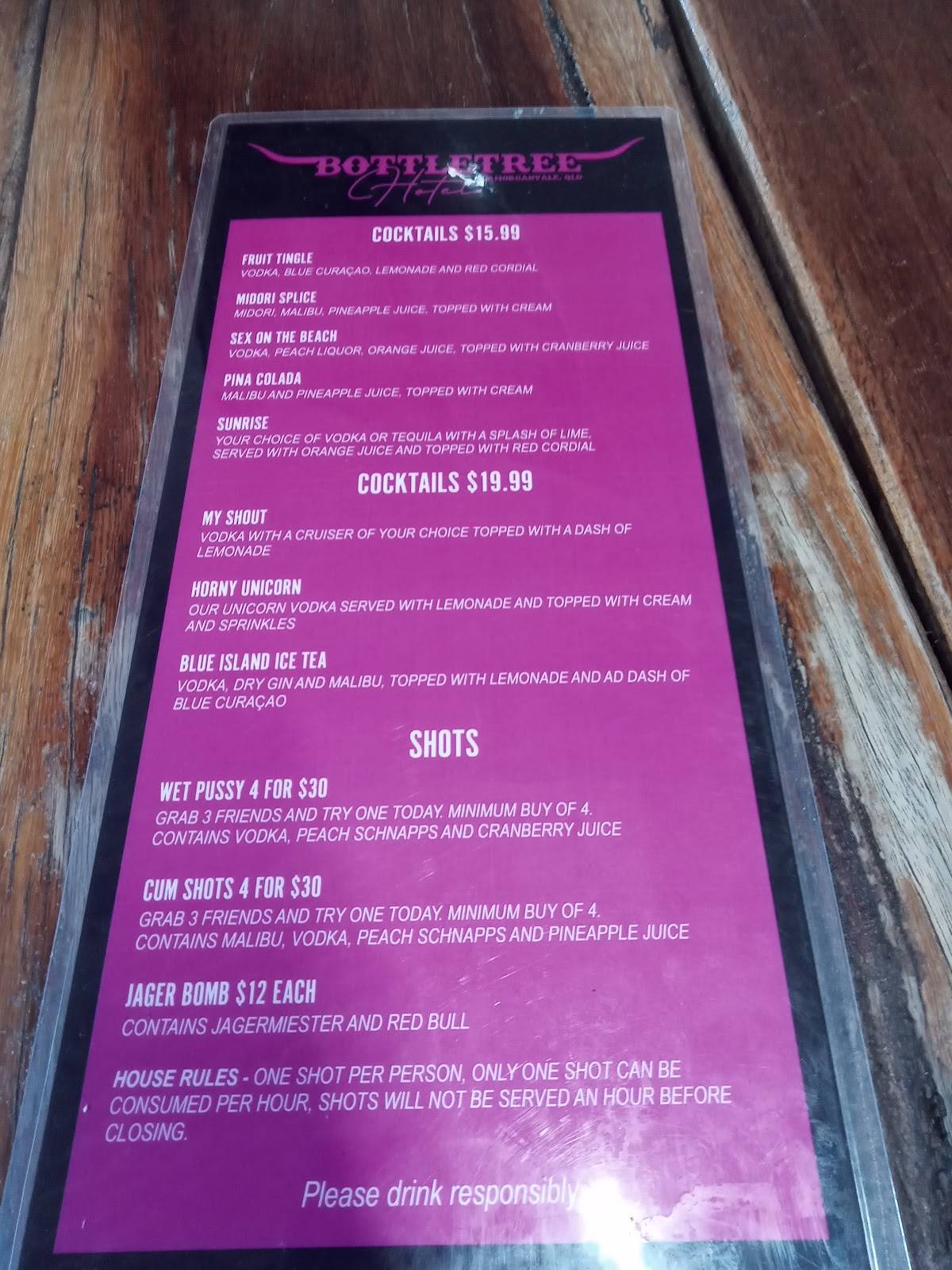 Menu at Bottletree Hotel pub & bar, Australia