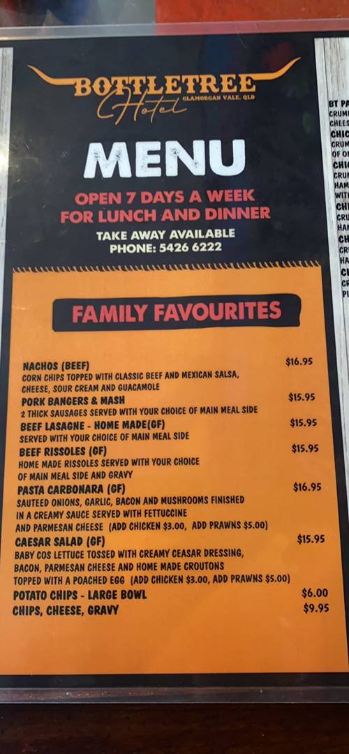Menu at Bottletree Hotel pub & bar, Fernvale