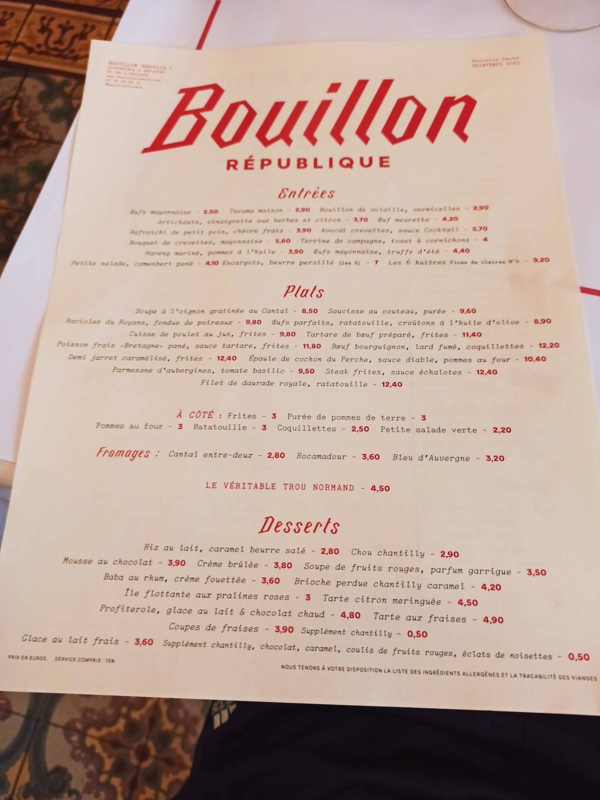Menu au Bouillon République, Paris