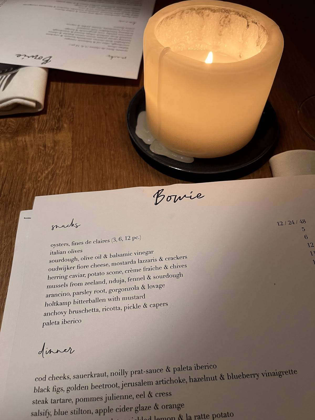 Menu at Bowie, The Hague