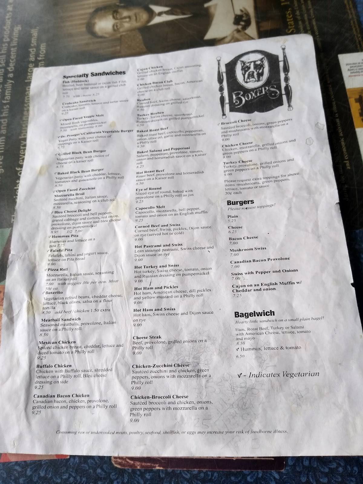 Menu at Boxer's Cafe, Huntingdon