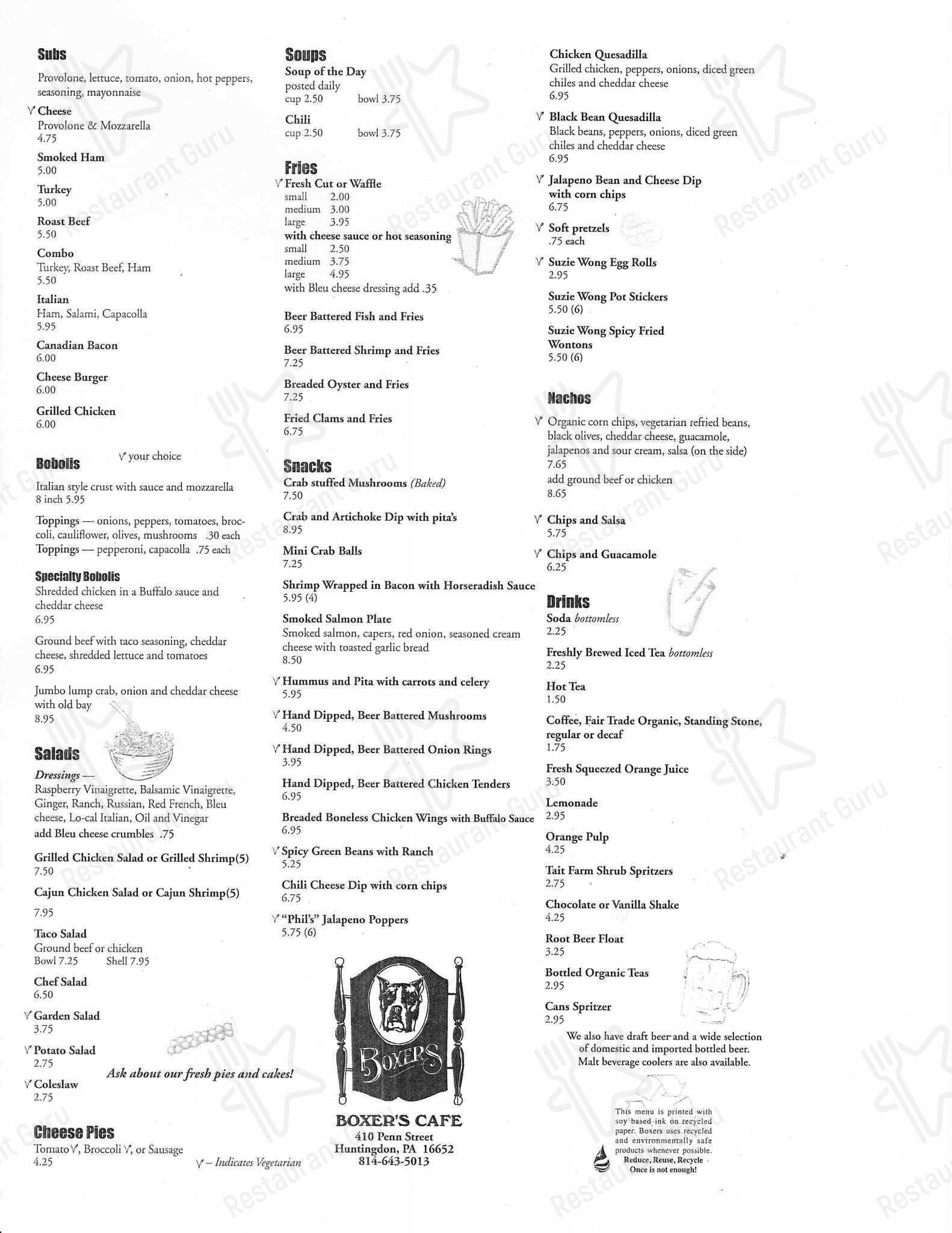 Menu at Boxer's Cafe, Huntingdon