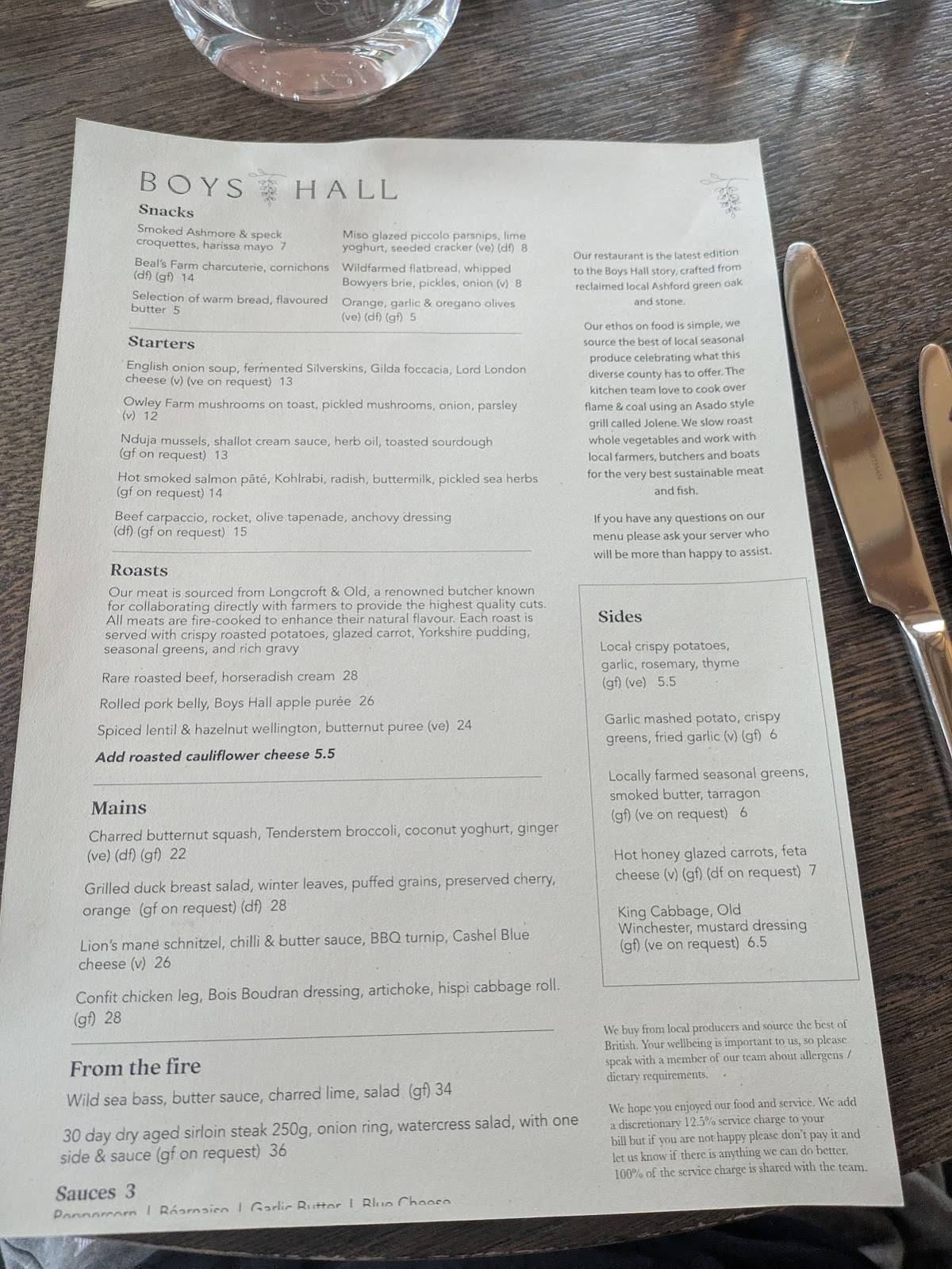 Menu at Boys Hall restaurant, Ashford, Boys Hall Rd