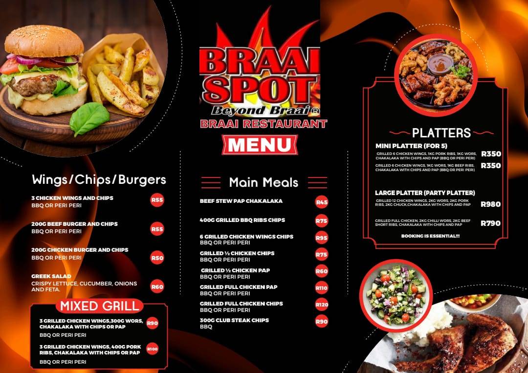 Menu at Braai Spot restaurant, Pretoria