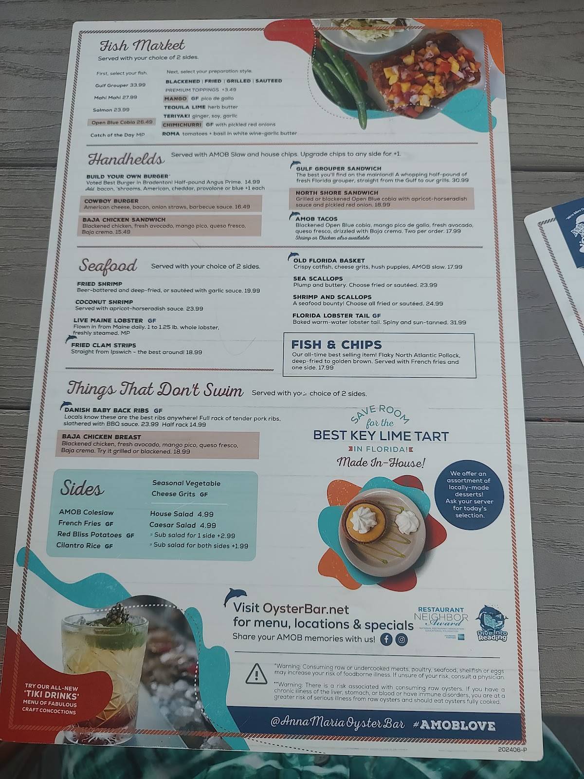 Menu at Anna Maria Oyster Bar on the Pier, Bradenton Beach
