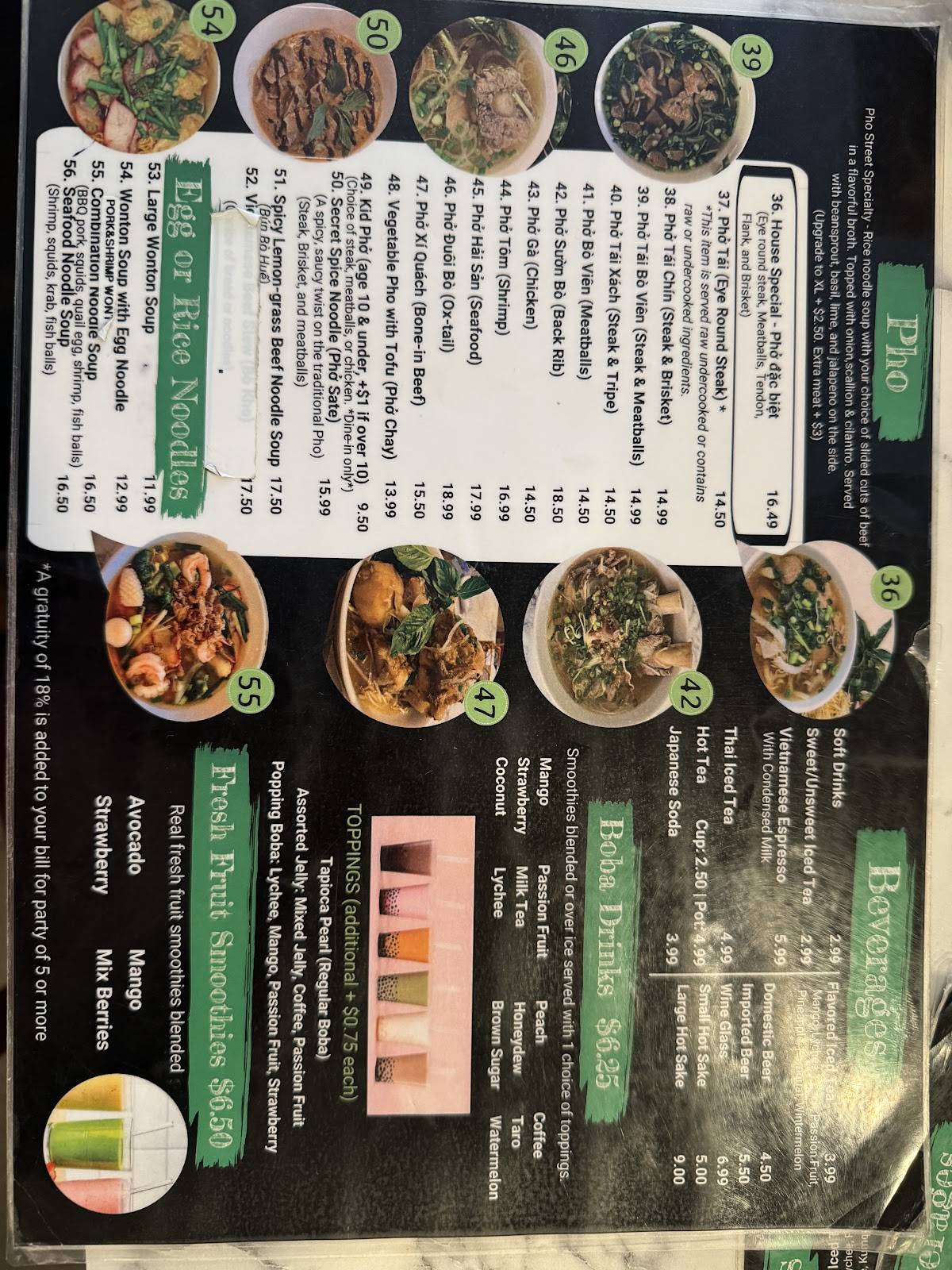 Menu at Pho Street restaurant, Bradenton
