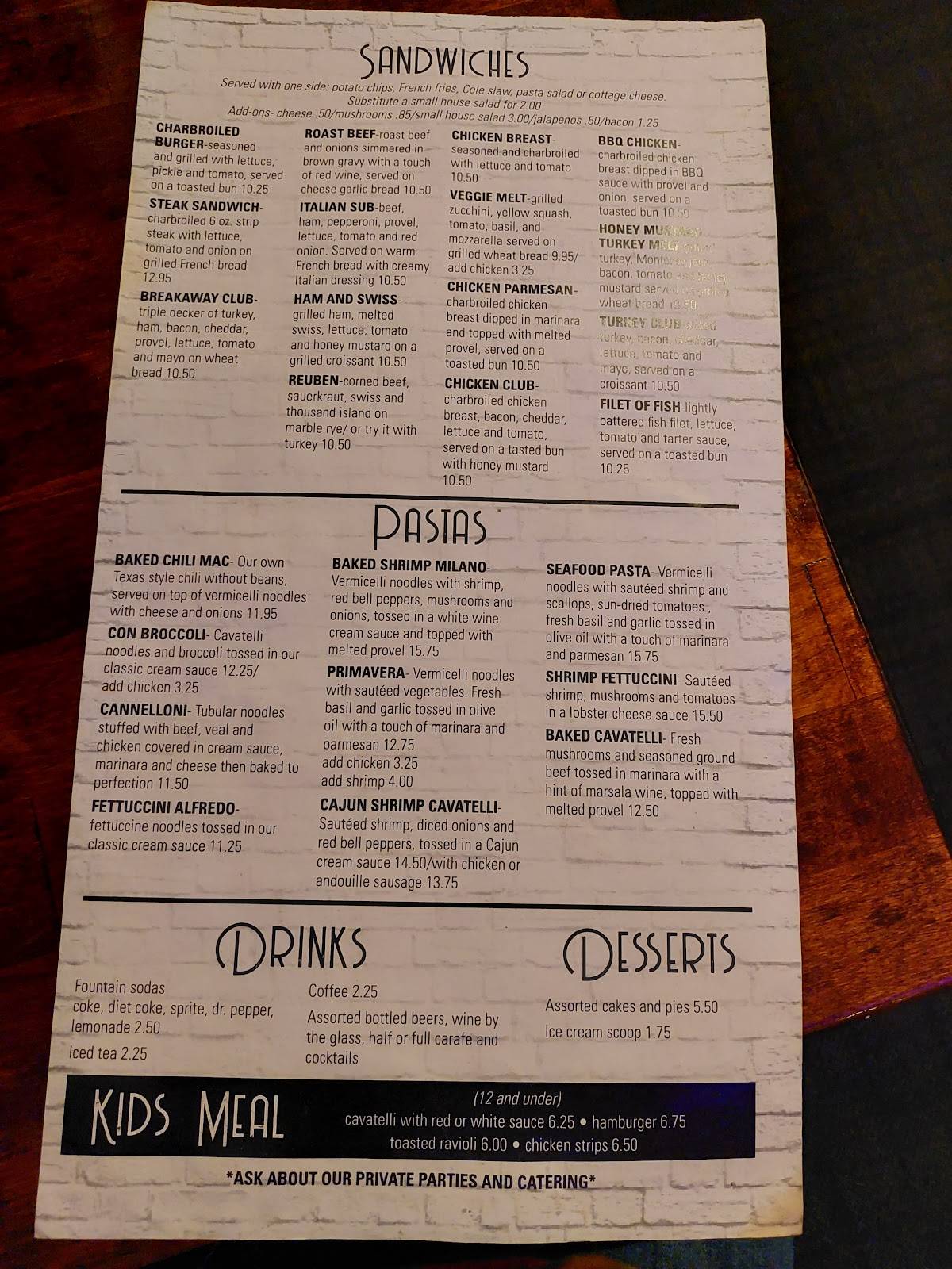 Menu at Breakaway Cafe, Bellerive