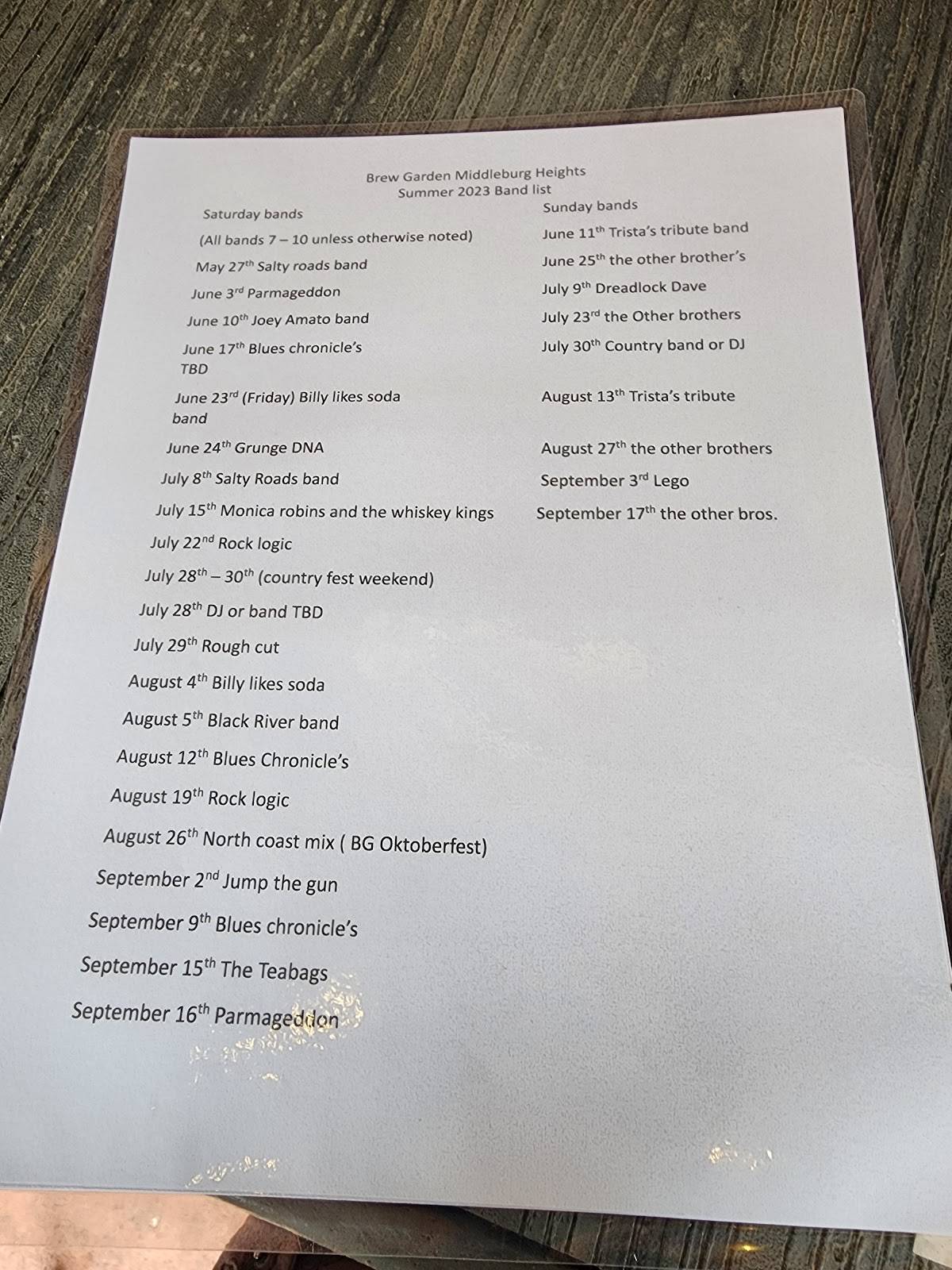 Menu at Brew Garden pub & bar, Middleburg Heights, Bagley Rd