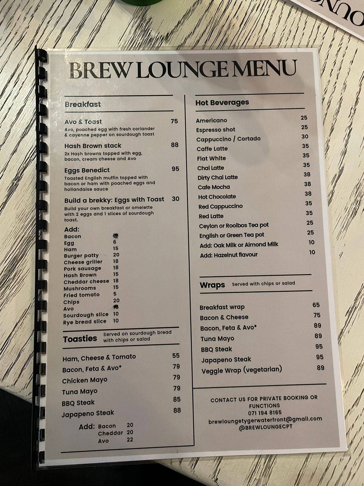 Menu at Brew Lounge restaurant, Cape Town