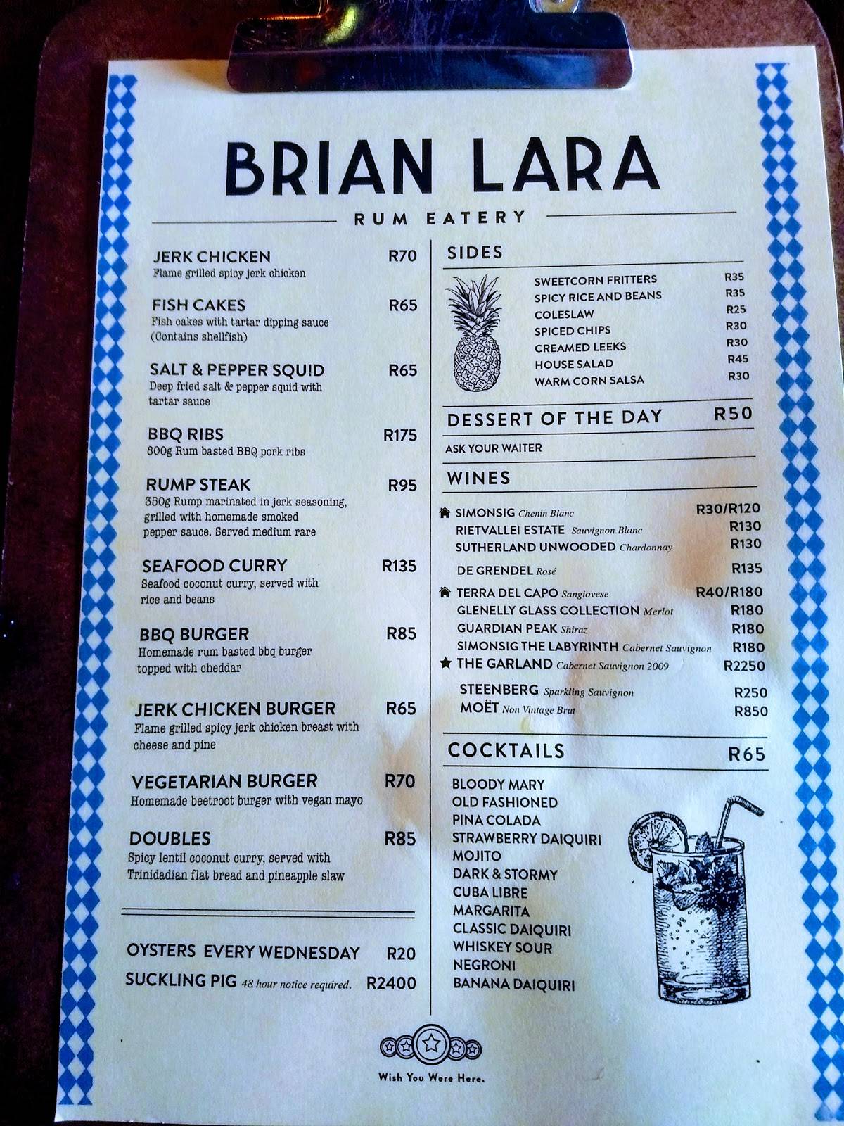 Menu at Brian Lara Rum Eatery restaurant, Randburg, 56 4th Ave