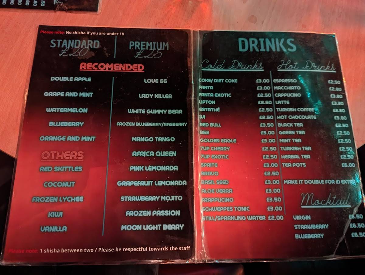 Menu at Bricklane lounge restaurant, London, 47 Hanbury St