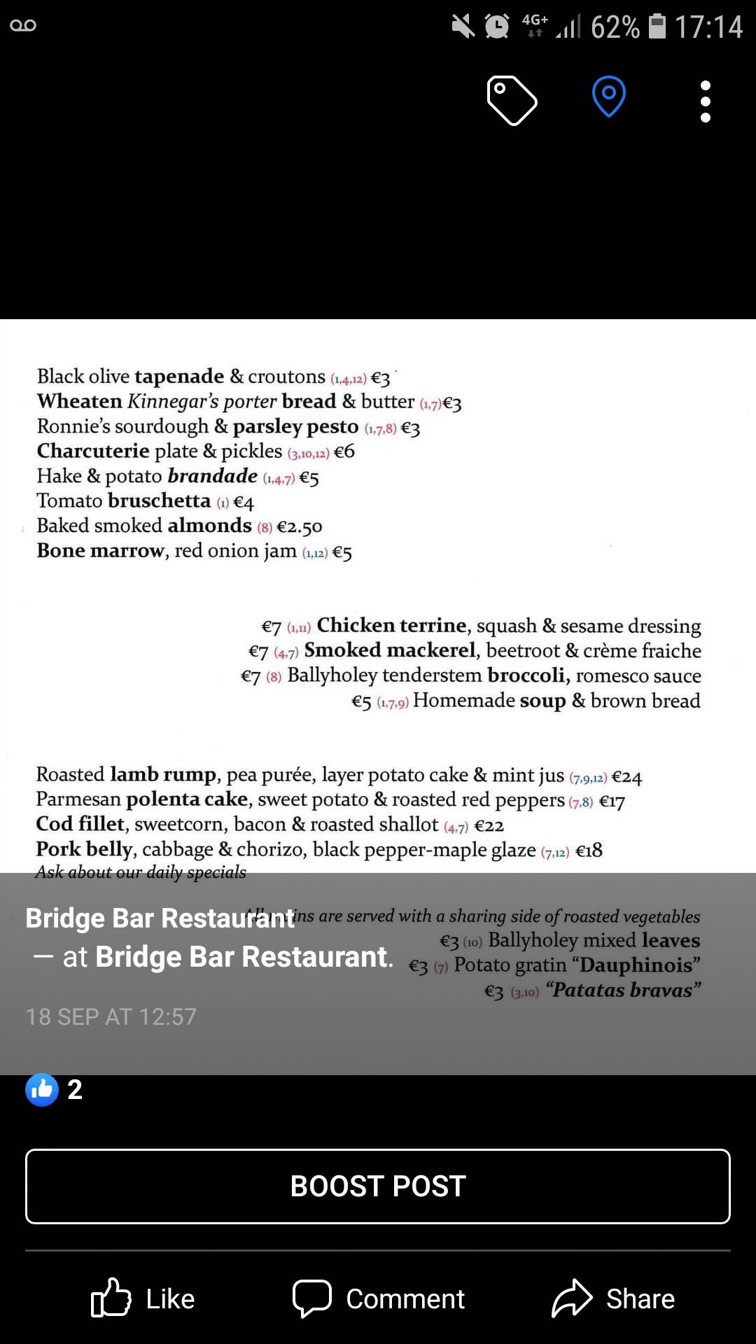 Menu at Bridge Bar Restaurant, Ramelton