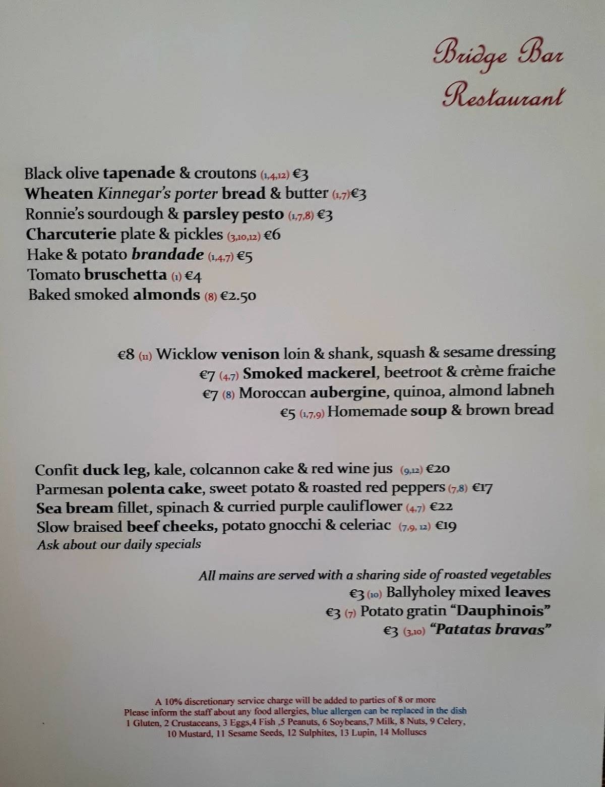 Menu at Bridge Bar Restaurant, Ramelton