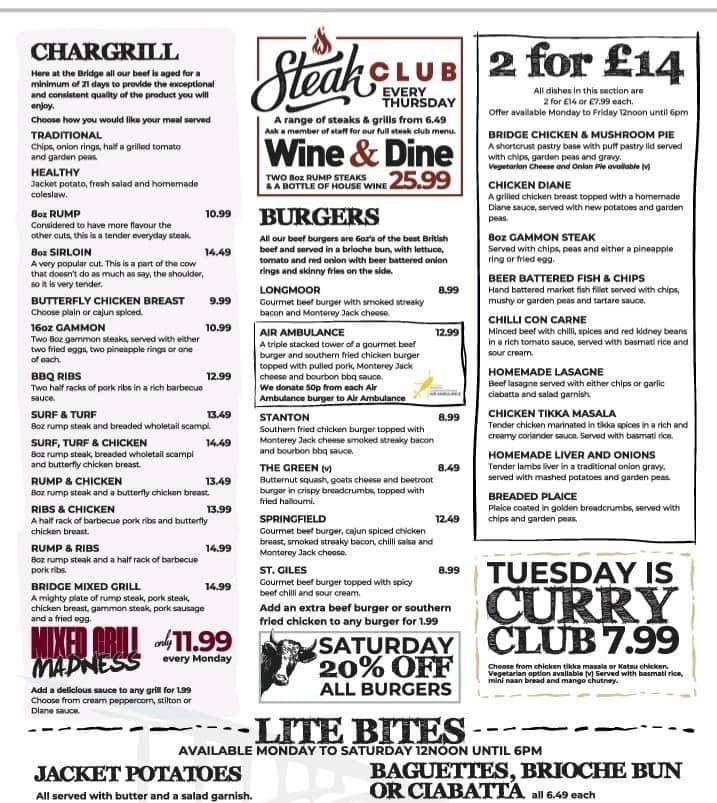 Menu at Bridge Inn pub & bar, Nottingham, Longmoor Ln