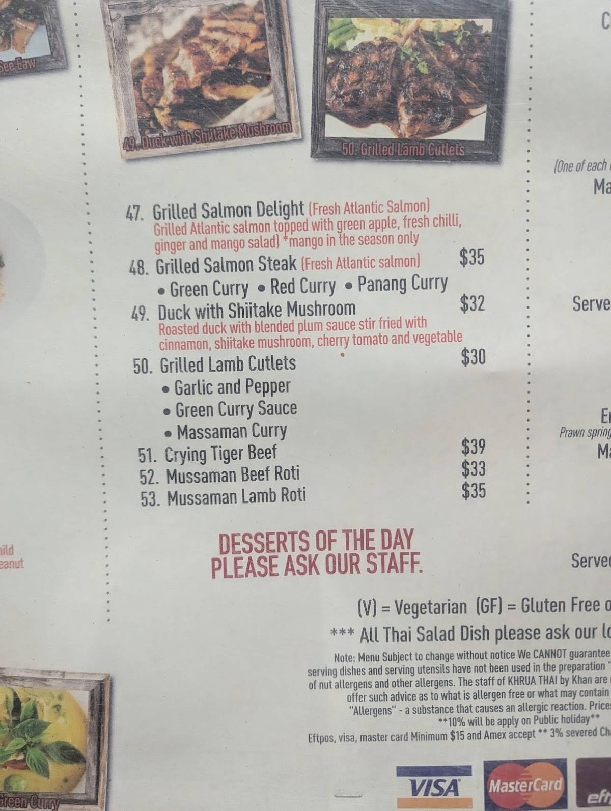 Menu at Bridge street Thai restaurant, Muswellbrook