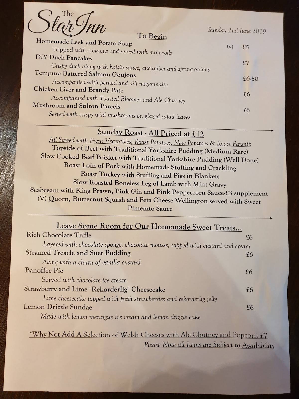Menu at The Star Inn - Treoes pub & bar, Bridgend, Treoes Village