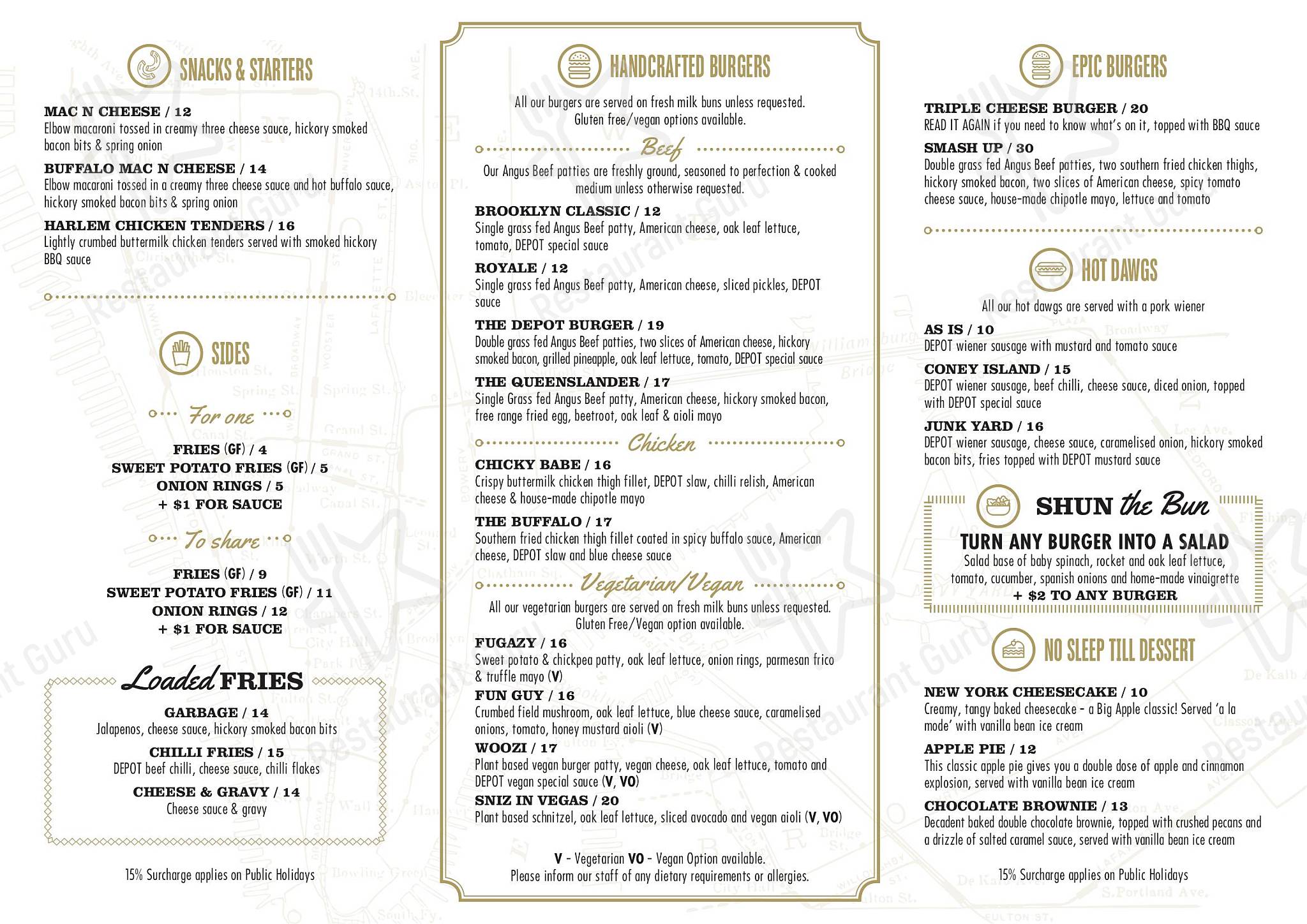 Menu at Brooklyn Depot, Southbank, Brisbane pub & bar, South Brisbane