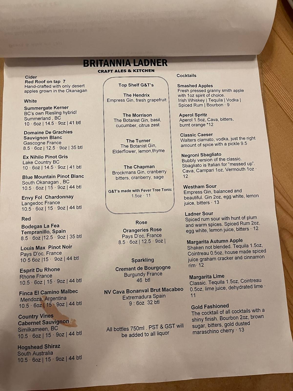Menu at Britannia Brewing Ladner restaurant, Delta