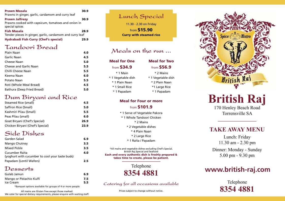 Menu at British Raj restaurant, Torrensville, 170 Henley Beach Rd