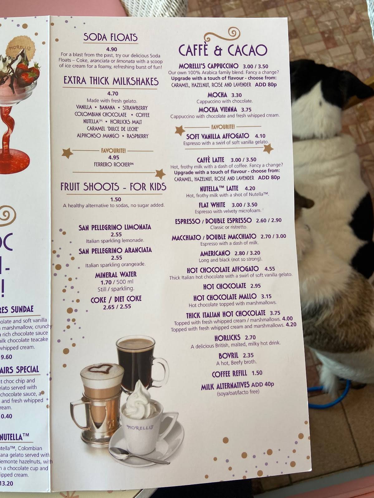Menu at Morelli's Gelato cafe, Broadstairs