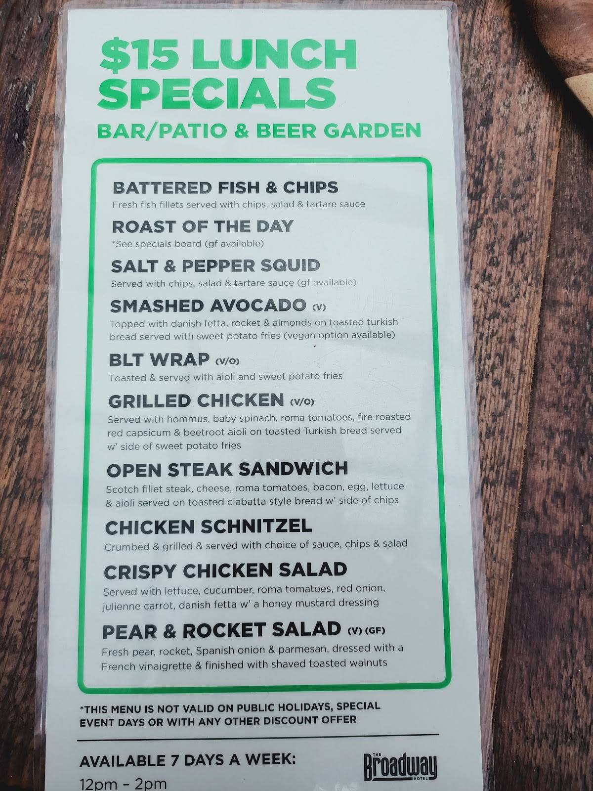 Menu at Broadway Hotel pub & bar, Glenelg South, 61 Broadway