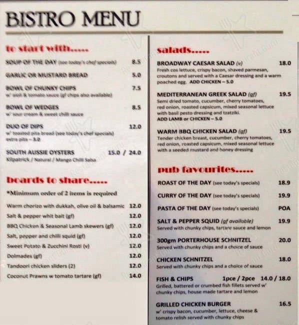 Menu at Broadway Hotel pub & bar, Glenelg South, 61 Broadway
