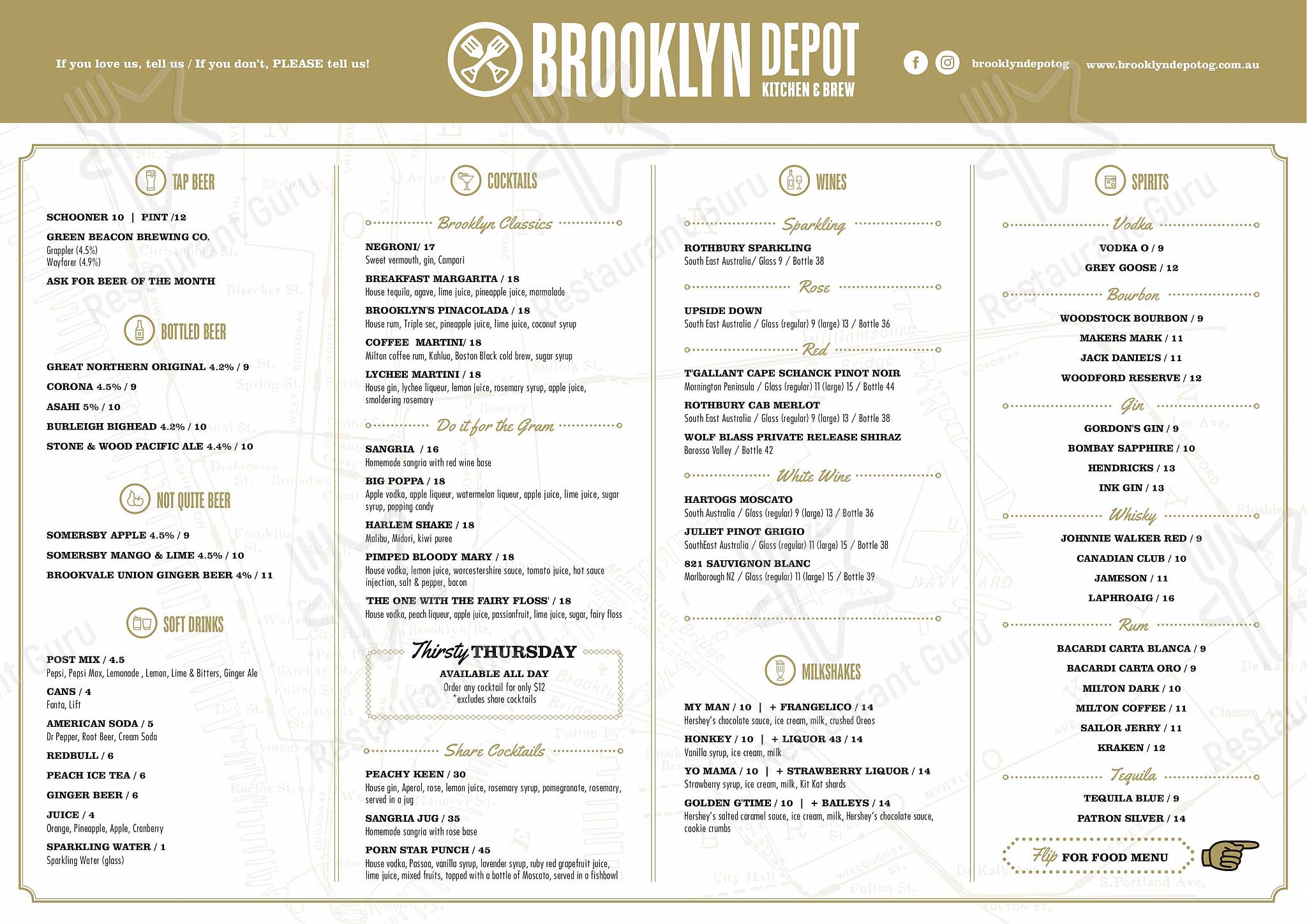 Menu at Brooklyn Depot, Southbank, Brisbane pub & bar, South Brisbane
