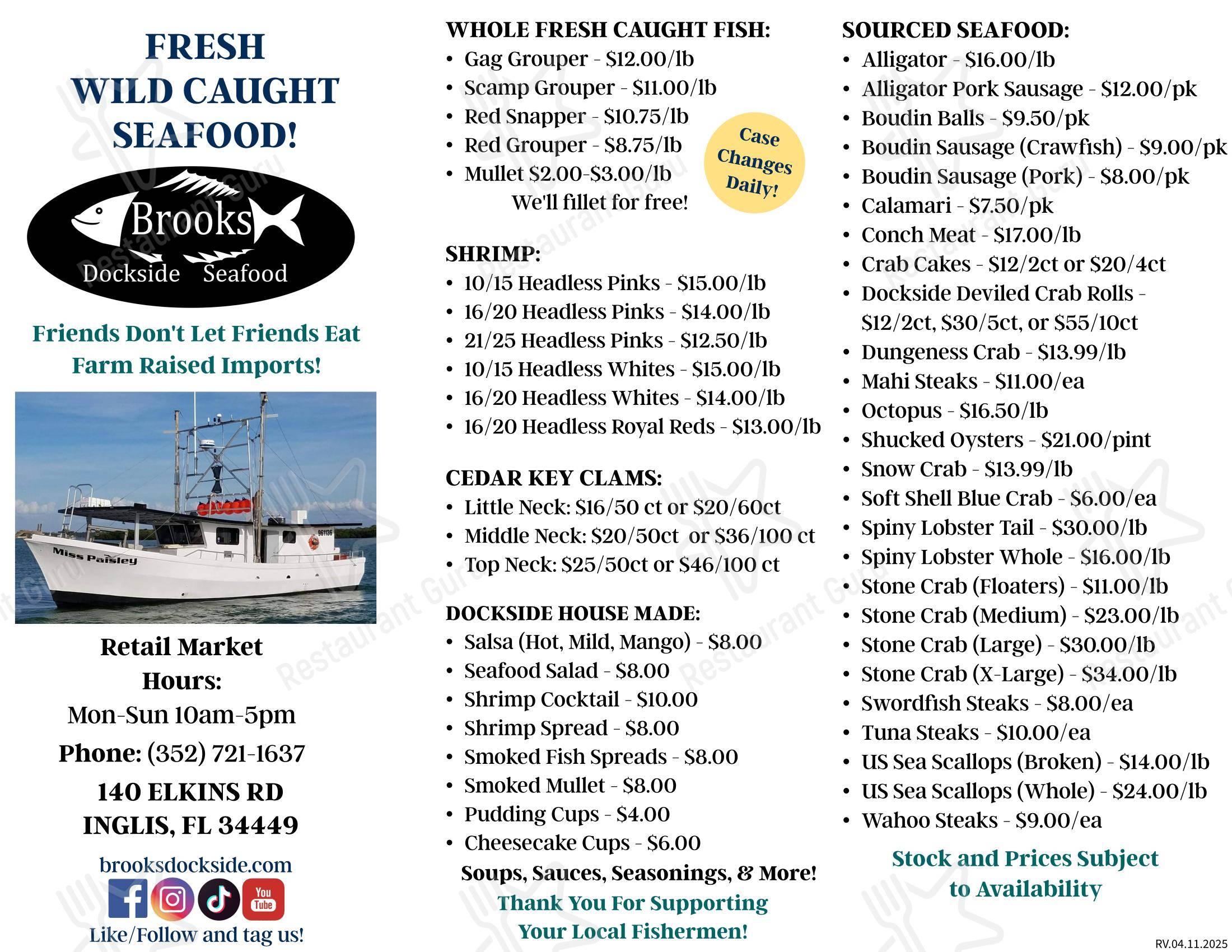 Menu at Brooks Dockside Seafood (Food Truck) restaurant, Inglis