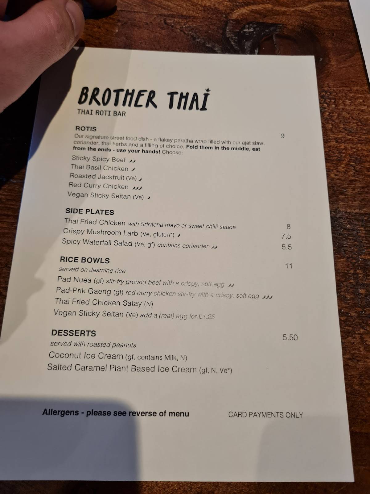 Menu at Brother Thai restaurant, Cardiff