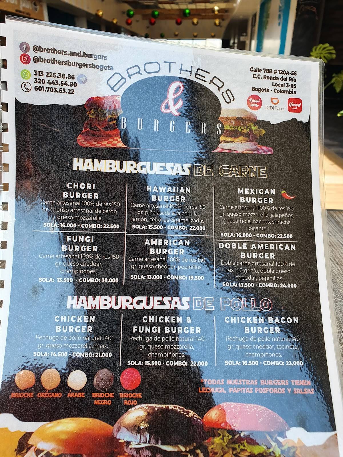 Carta del restaurante Brothers & Burgers, Bogotá