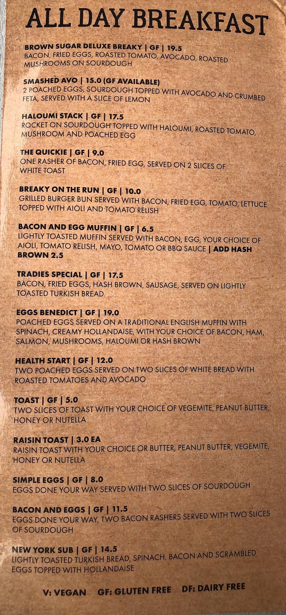 Menu at Brown Sugar Cafe & Bar, Victoria Point