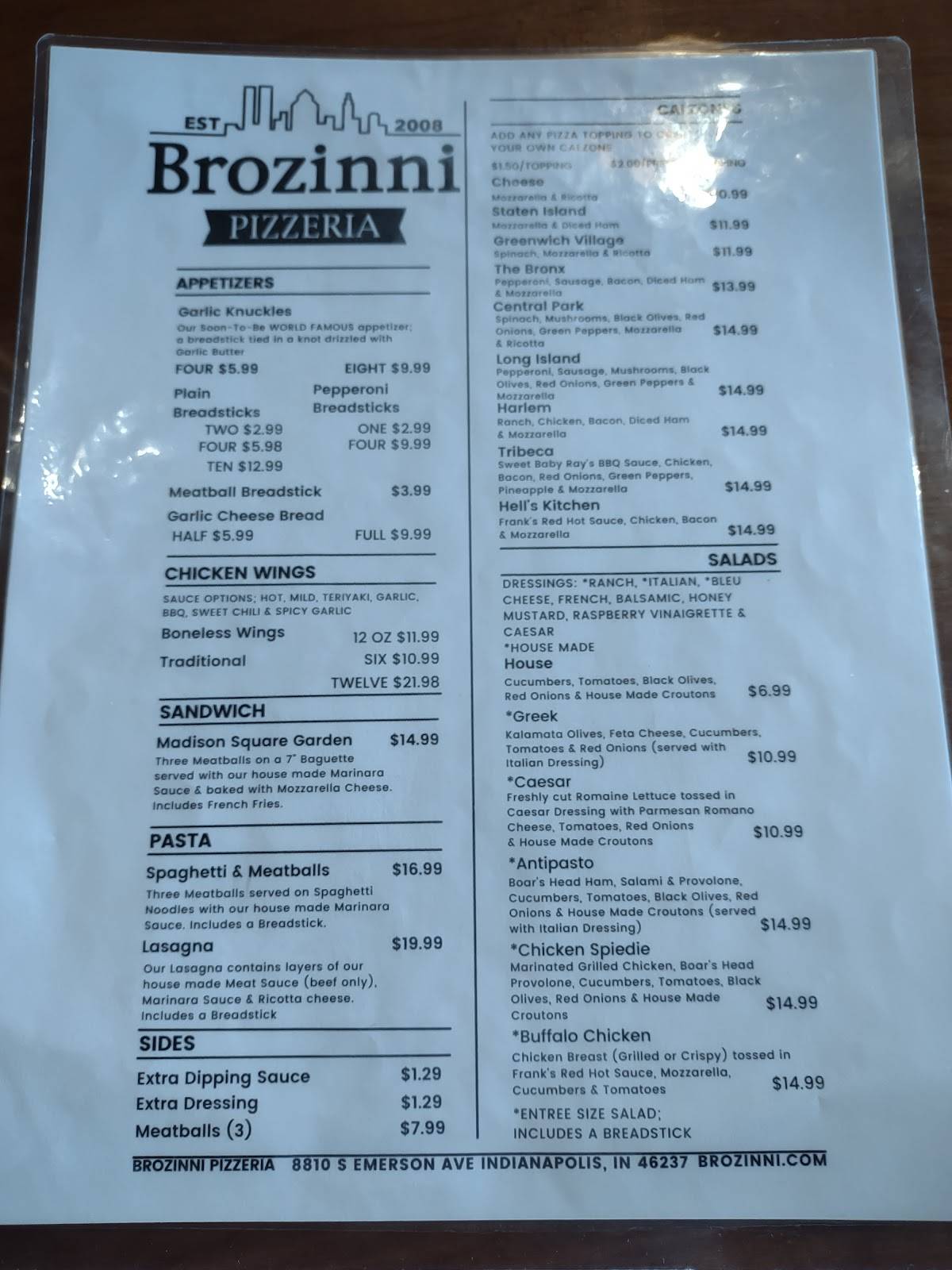 Menu at Brozinni Pizzeria, Indianapolis, S Emerson Ave # 240