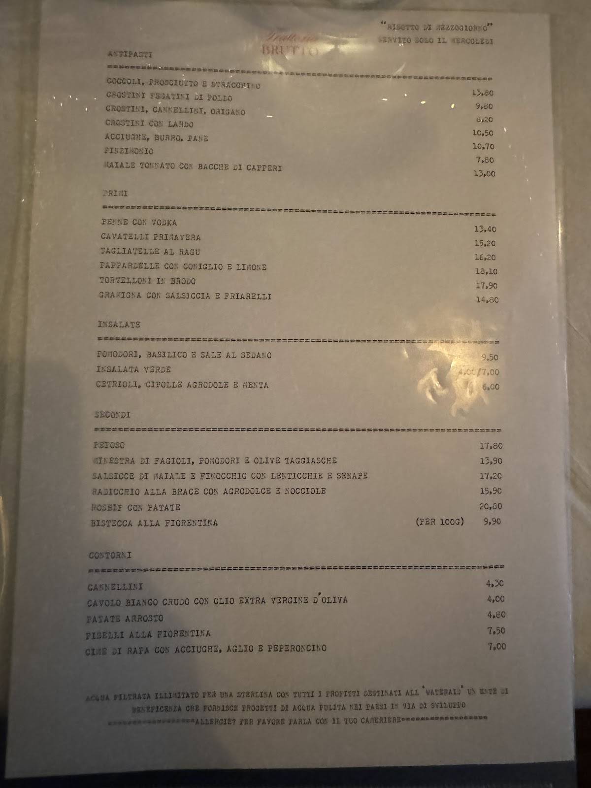 Menu at Brutto restaurant, London