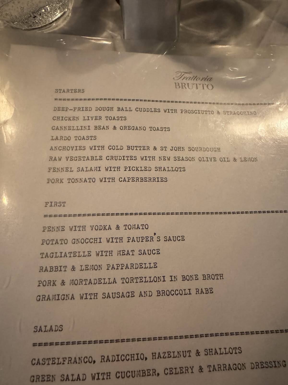 Menu at Brutto restaurant, London