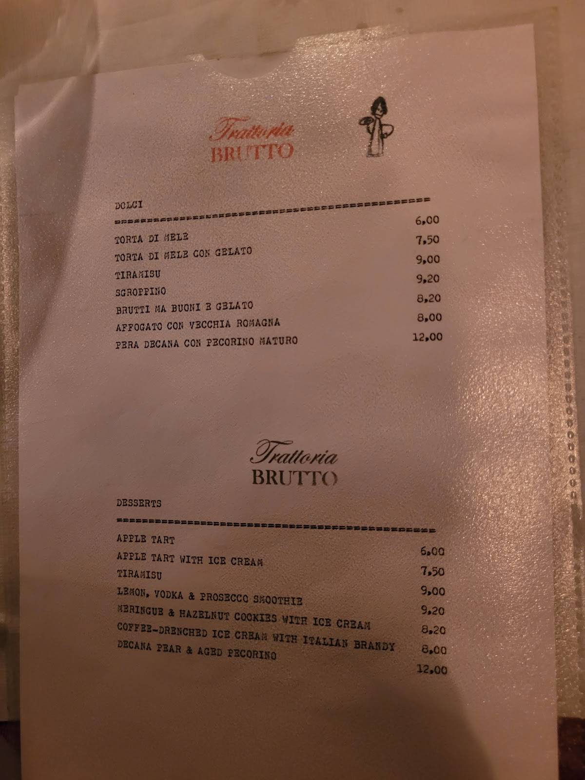 Menu at Brutto restaurant, London