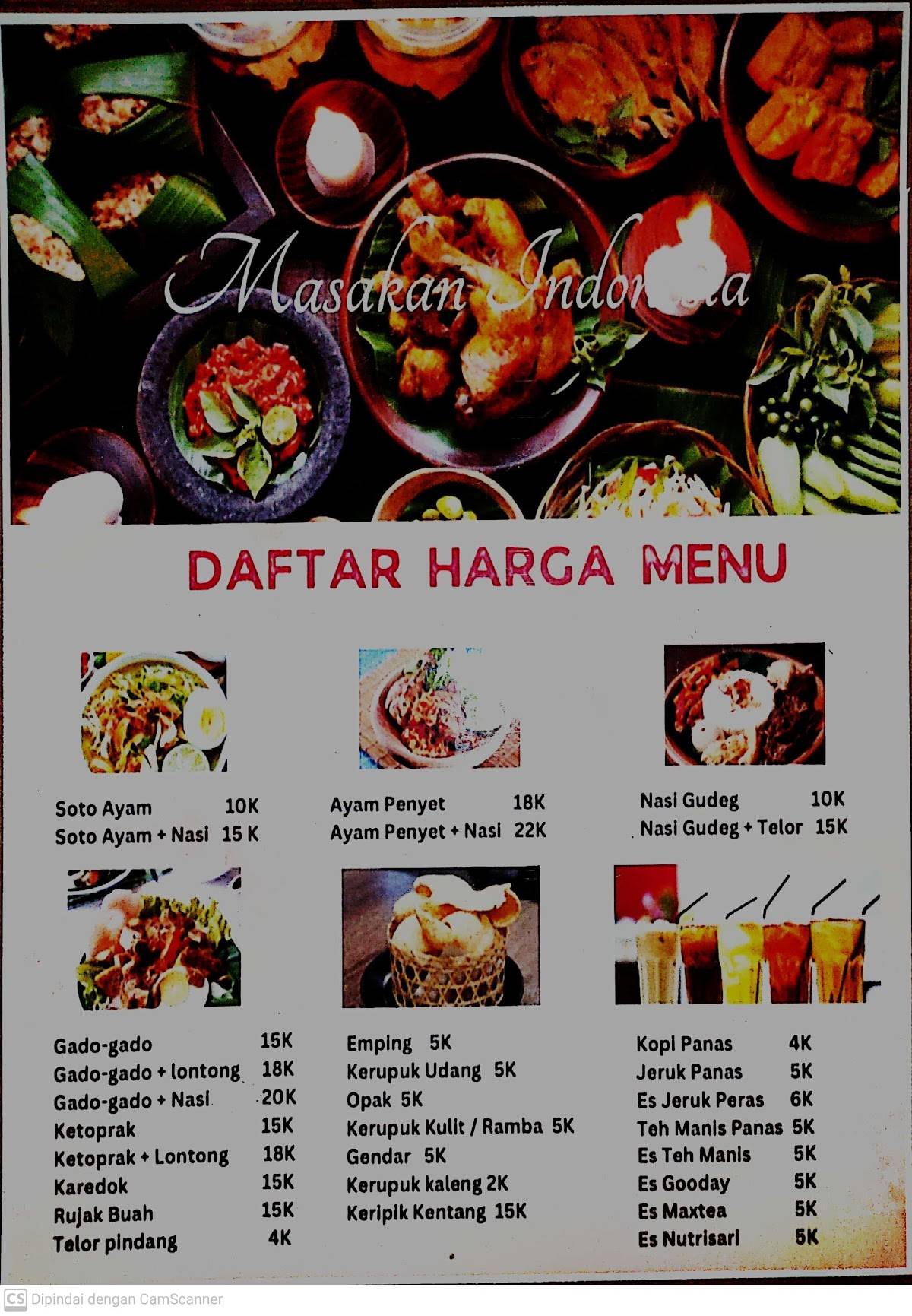 Menu at Bu Sri Rumah Makan restaurant, Central Jakarta