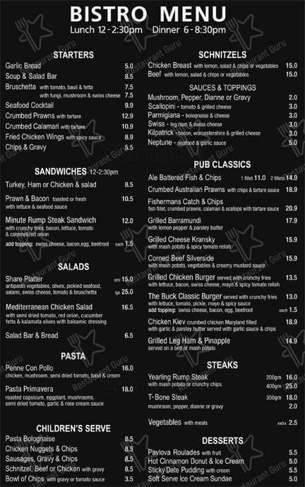 Menu at Buckingham Arms Hotel restaurant, Gilberton