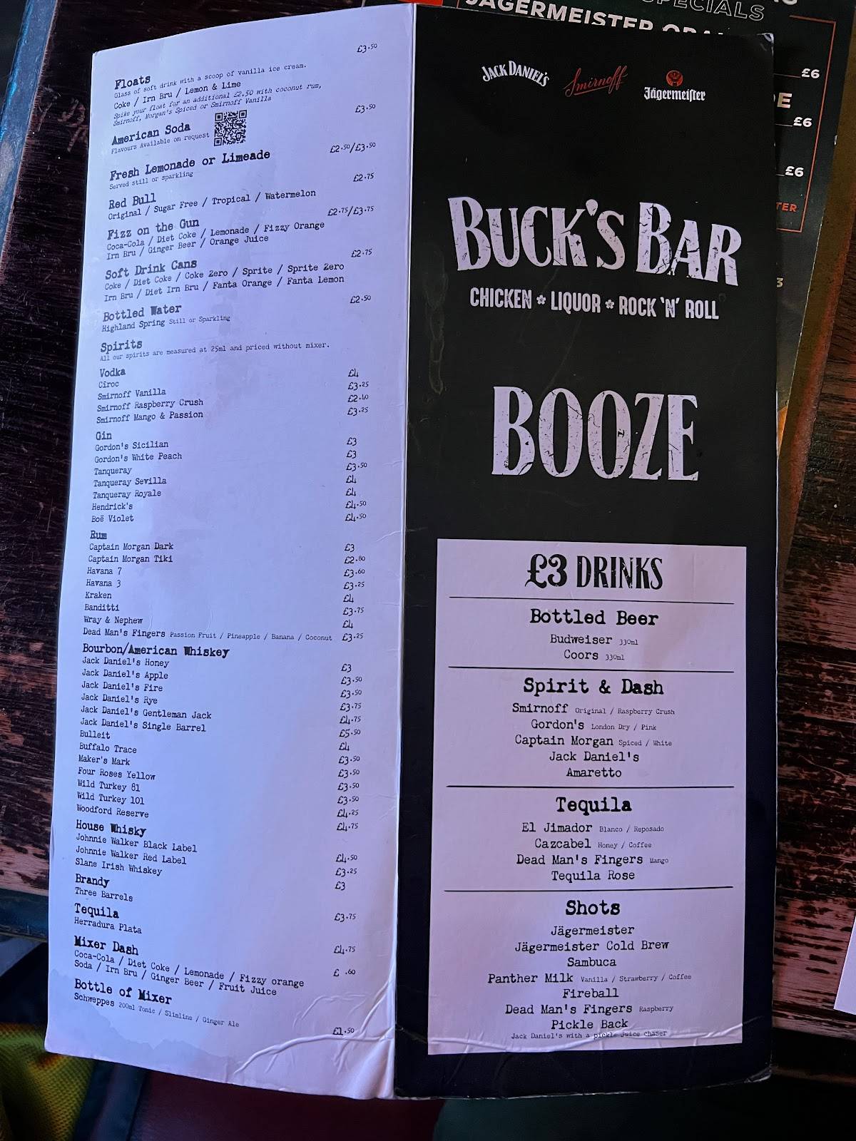 Меню Buck's Bar, Глазго