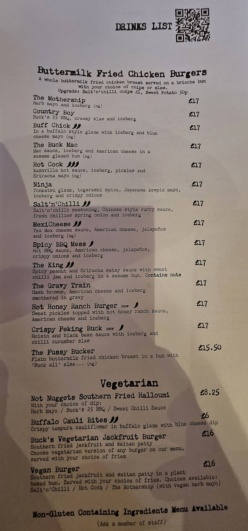 Menu at Buck's Bar, Glasgow