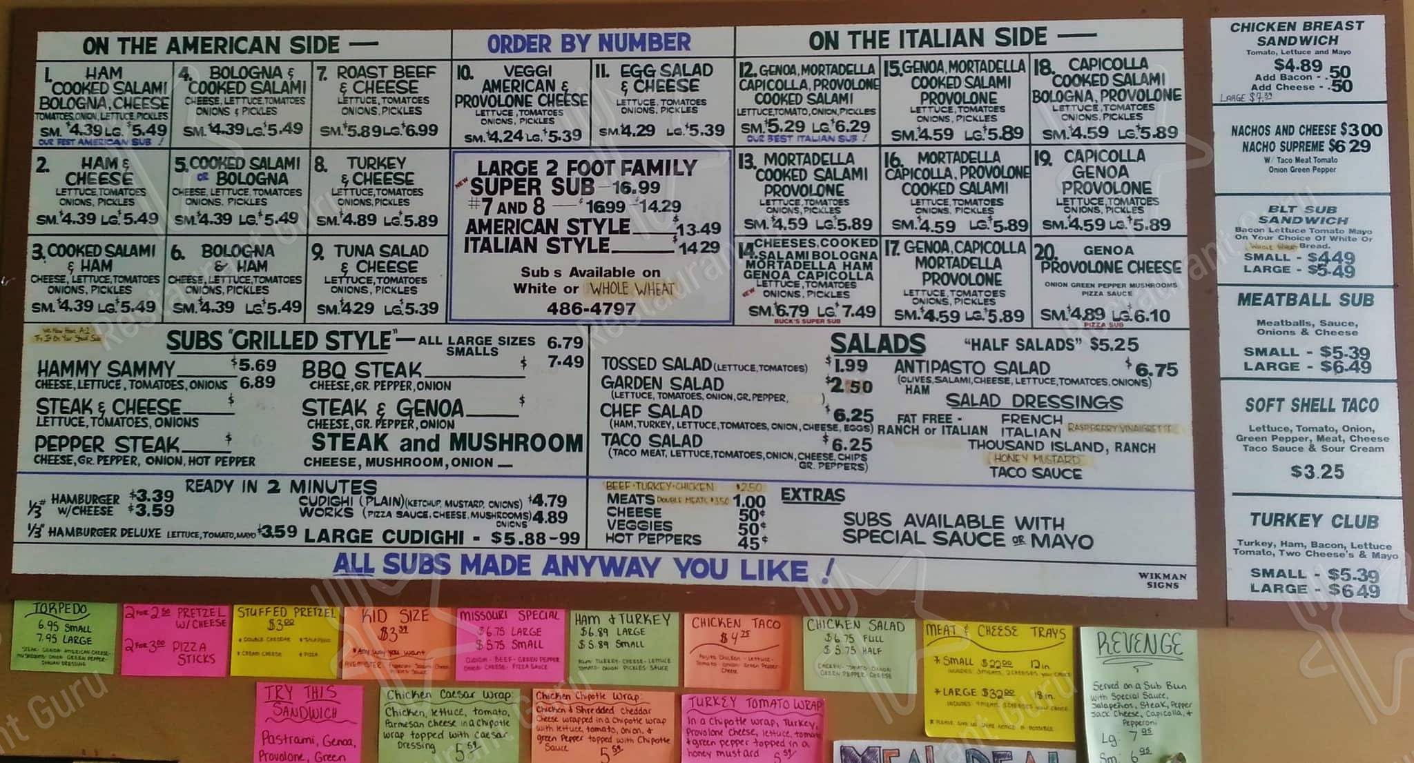 Menu at Bucks Sub Shop, Ishpeming, 204 Cleveland Ave