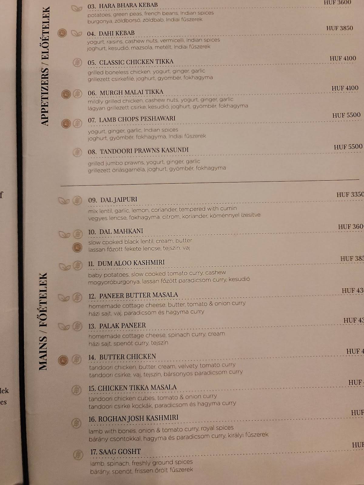 Carta de Indian Palate - Indian Restaurant in Budapest, Budapest