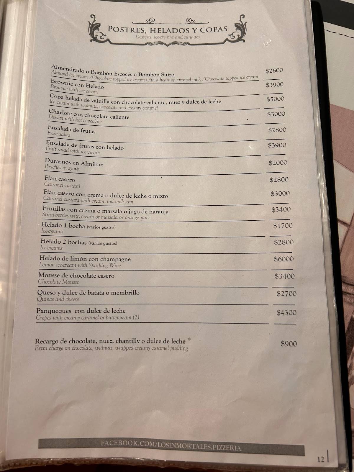 Carta de Pizzería Los Inmortales, Buenos Aires, Lavalle 746