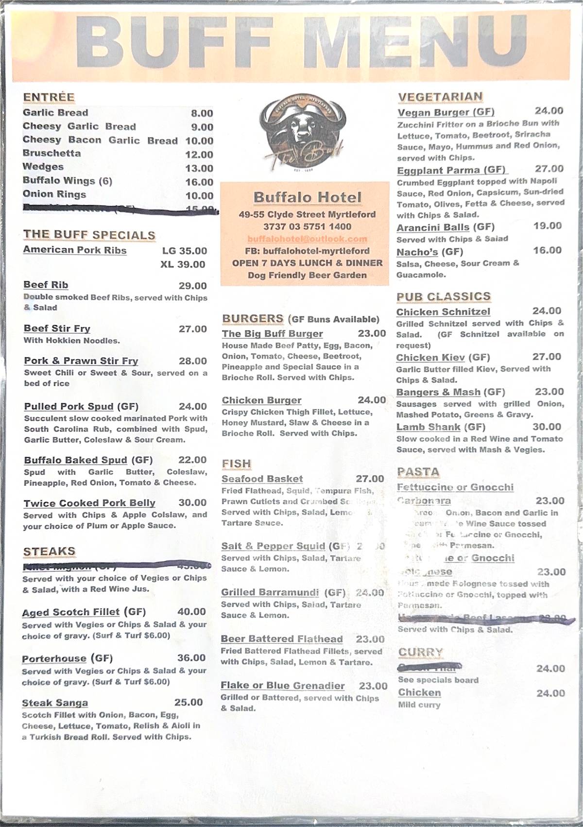 Menu at Buffalo Hotel restaurant, Myrtleford